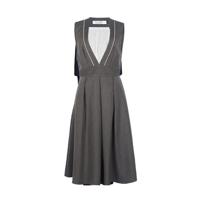 D-HARRY/迪哈利复古灰色浅咖色条纹连衣裙女中长裙子DH231J95859D