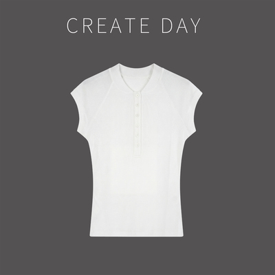CREATE DAY LoroP 10%桑蚕丝 亨利领显瘦V领拼接假两件T恤上衣短T