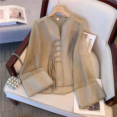 新中式V领网纱雪纺衫女夏季遮肉新款高级设计感显瘦防晒上衣