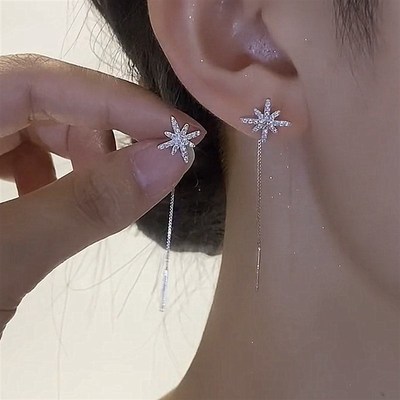 新款潮小众设计微镶锆石芒星耳线耳环韩国简约长款气质流苏耳饰女