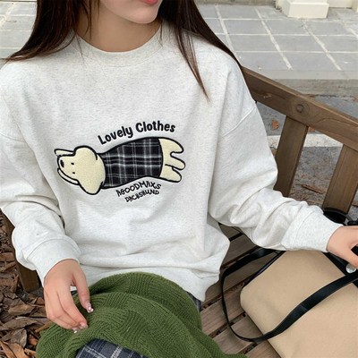 AGXS秋冬新款格子小狗贴布毛巾绣圆领套头卫衣长袖宽松美式上衣