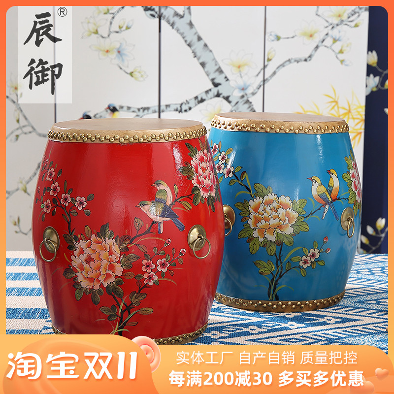 特色鼓凳牛皮实木手绘彩绘新换鞋凳梳妆鼓墩做旧