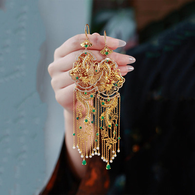 「凤穿牡丹」凤穿牡丹耳环新中式宫廷风凤羽仿翡翠长款流苏耳坠