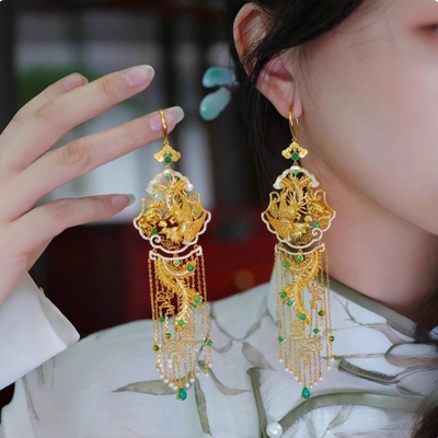 「凤穿牡丹」凤穿牡丹耳环新中式宫廷风凤羽仿珍珠奢华长流苏耳坠