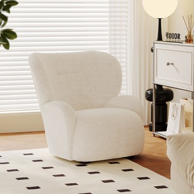 小户型旋转单人沙发椅羊羔绒休闲椅脚踏奶油风白色洽谈沙发椅
