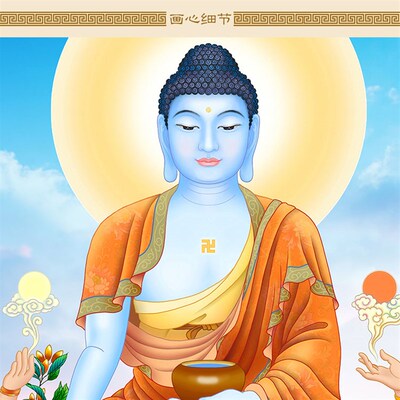 东方圣画像 药师佛如来 日光月光菩萨挂画 佛堂丝绸卷轴画