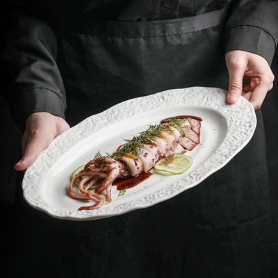 岩石纹纯白色陶瓷盘子酒店摆盘菜盘椭圆深盘蒸鱼盘西餐盘酒店餐具