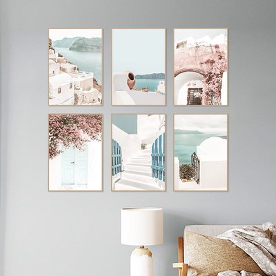 艺象往地中海风格客厅背景墙挂画新浅蓝色建筑摄影装饰画