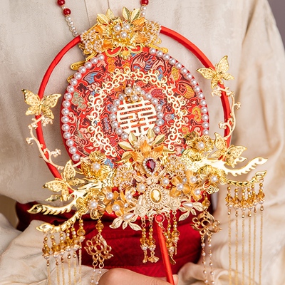 婚礼新娘团扇红色重工明制端大气流苏面手工成品喜扇