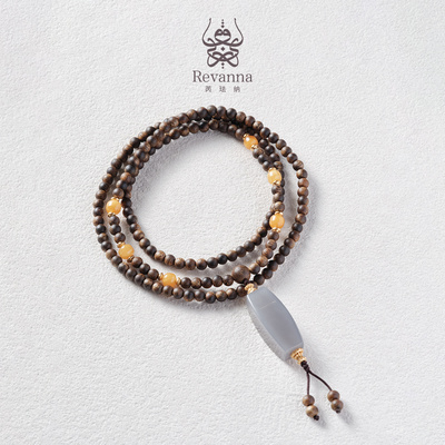Revanna芮珐纳 「金石叠序」沉香圆珠4mm 蜜蜡和田玉项链
