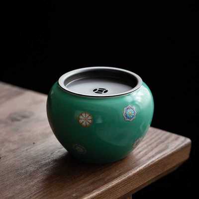 松石绿水盂建水 日式简约小号陶瓷茶洗带盖茶渣桶 功夫茶道配件