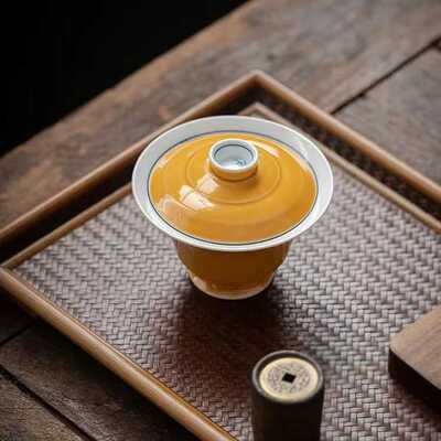 手绘竹韵高足盖碗 竹子内绘色釉泡茶碗 小巧文人雅士闲适抓手碗