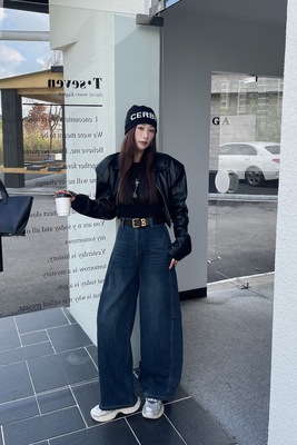 欧货D7666深蓝色加薄绒显瘦弯刀裤2025秋冬新款高腰宽松阔腿长裤