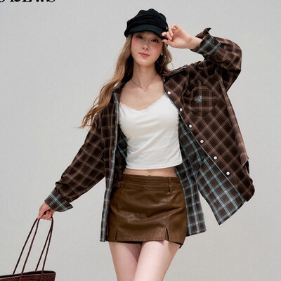 孟子义陈丽君同款16DEWS官方复古文艺格纹假两件撞色拼接衬衫女