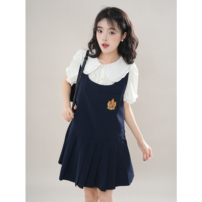 甜美缪系少女学院风吊带连衣短裙女夏季娃娃领减龄短袖衬衫两件套