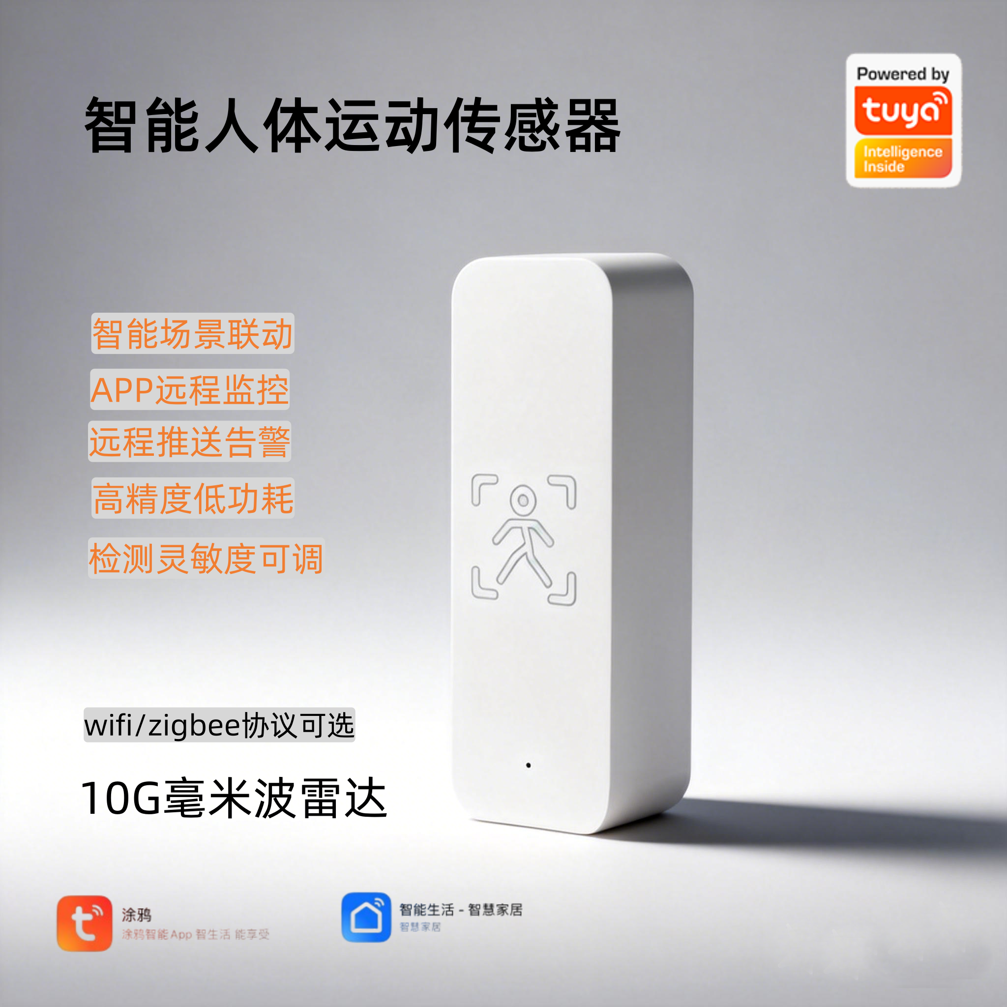 涂鸦智能人体运动存在传感器低耗能电池款10G毫米波雷达远程告警
