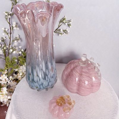 纯手工制作粉蓝点金粉色大白菜造型敞口大型花器水晶料花瓶摆件