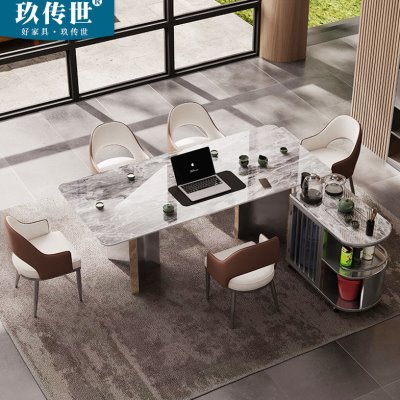 轻奢岩板茶桌椅组合边几边柜可移动岩板茶台现代茶车泡茶饭桌餐桌