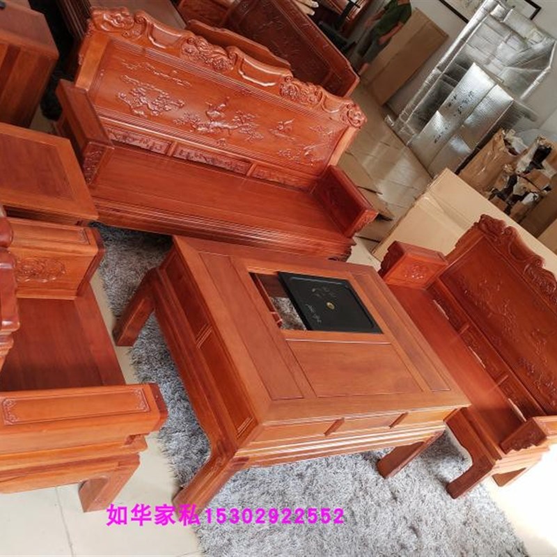 新款带功夫茶几松鹤沙发 红木沙发菠萝格沙发 五件套实木家具