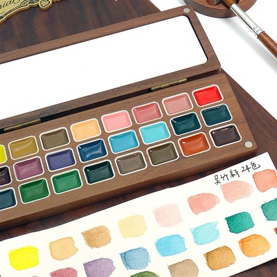 绘画专业美甲彩绘胡桃木盒24色珠光纯色水彩手工固体颜料绘画1ml