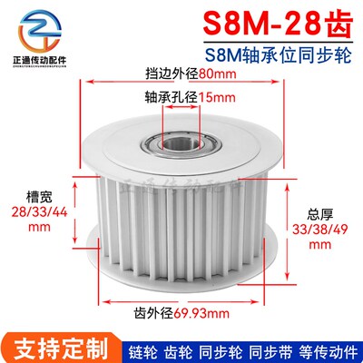 S8M28齿 同步带轮 两边轴承 涨紧轮 调节导向轮惰轮HTFW28S8M250