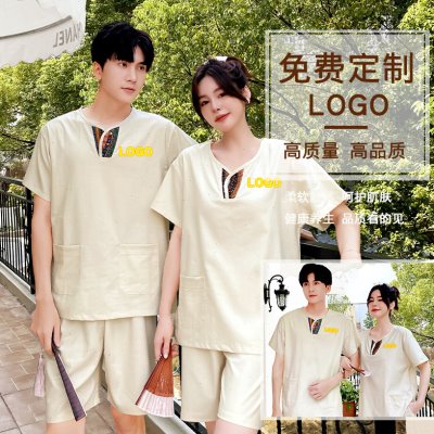 泰式中国风棉麻面料男款汗蒸服女款桑拿服情侣款套装浴服足道服