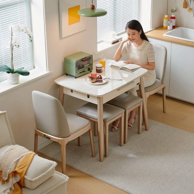 餐桌可伸缩家用小户型现代简约省空间岩板折叠轻奢长方形吃饭桌子