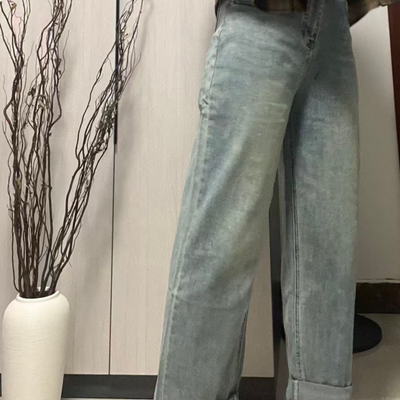 直筒牛仔裤阔腿复古蓝牛仔裤女