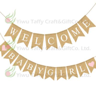 派对装饰拉花串旗欢迎宝贝女孩WELCOME BABY GIRL麻布燕尾拉旗
