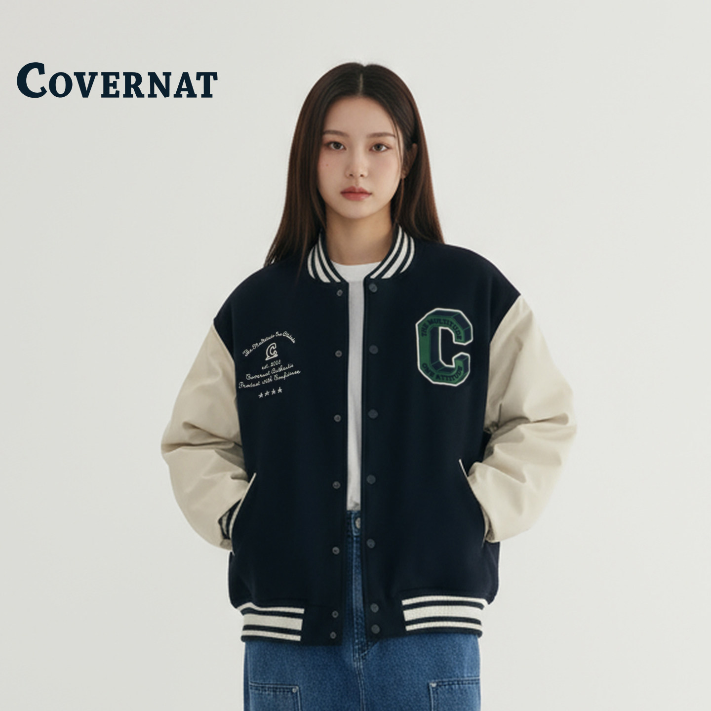 COVERNAT韩国外套女款2025新款秋条纹领口棒球服宽松刺绣外套夹克