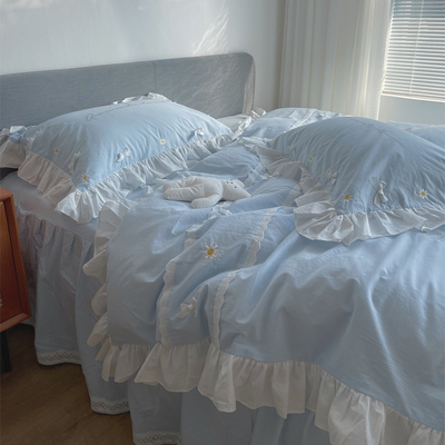 奶油雏菊韩式公主风床裙款全棉水洗棉L四件套刺绣荷叶边被套