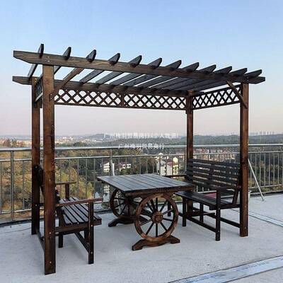 户外防腐木萄架秋千庭爬藤架VMJ园院实木葡桌椅花碳化木室外露台