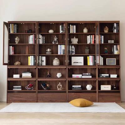 黑胡桃木实木书整架拱AS-01452北形玻璃门一体墙客厅简约白橡木到