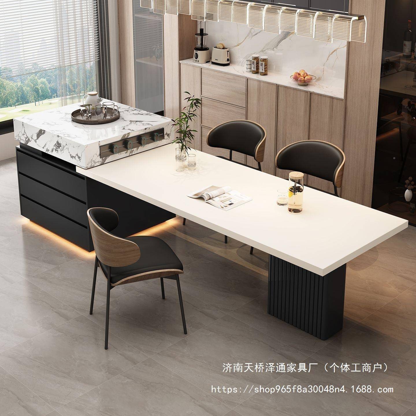 岩板意式功岛台桌PUQ极简伸缩小端户型家用高一餐体多能客厅泡茶