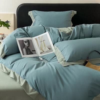 轻奢撞色4全棉S纯棉水洗棉四件套宽边双拼纯套色床单0被床笠13012