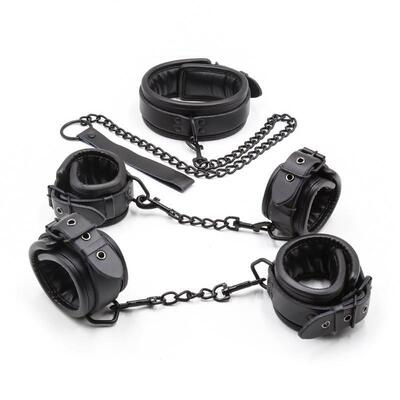 Black Genuine Leather Bdsm Bondage Set 3pcs Restraints Colla