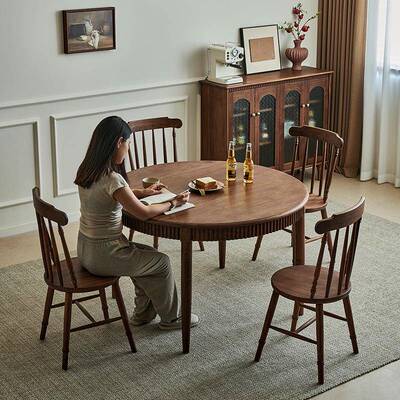 北椅美胡桃木全实FFA木中古风餐桌家用圆桌黑餐合厅餐桌组家具