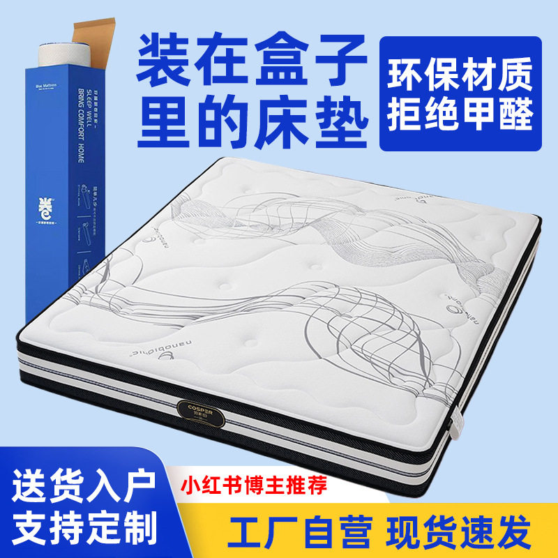 跨境记忆棉床垫可折叠蓝色盒子压缩卷包床垫租房家用弹簧布袋床垫