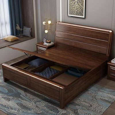 新5LVS中式木床1实.8胡木轻奢工厂直销店主卧桃家用1米的气压储物