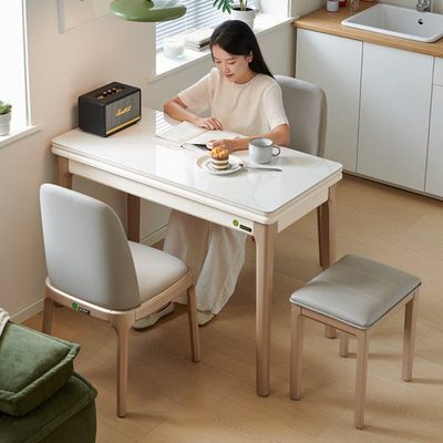 小户型岩板餐桌现代简约实木长方形省空间家用折叠高端轻奢饭桌子