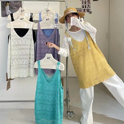 大7女12286夏韩版宽松大码胖mm休闲慵懒风钩花针织镂空背心马甲裙