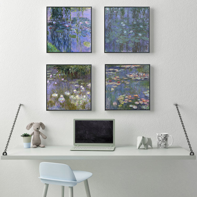 莫奈睡莲欧式抽象挂画四联沙发背景油画壁画有框画帆布.艺术画油