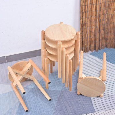 橡贝宇全实木圆脚叠凳橡胶原木色凳子家用收纳凳45cm高可叠餐凳子