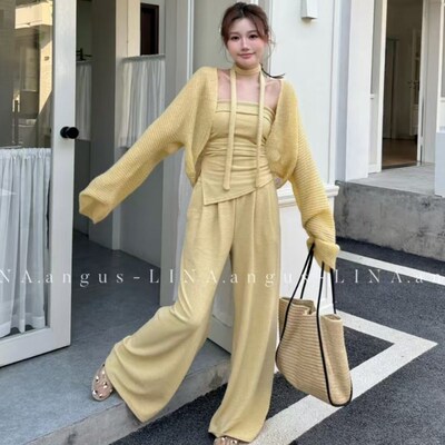裹胸配针织外披+长阔腿裤套装2025春装新款女时尚洋气三件套