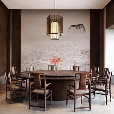 酒店新中式餐桌圆桌旋转盘实自木动大圆电动别墅家H-8965用胡桌桃