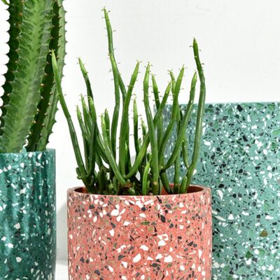 绿色圆形水磨石小花器长方形圆柱小花盆石制北欧风粉色摆件样板房