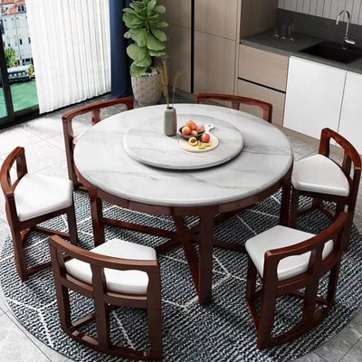 岩板餐桌椅组合现代简约餐厅家用圆形带转盘电磁炉省空间亮光饭桌