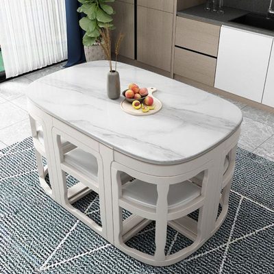 岩板餐桌椅组合餐厅家用现代简约省空间长方形隐形全实木亮光饭桌