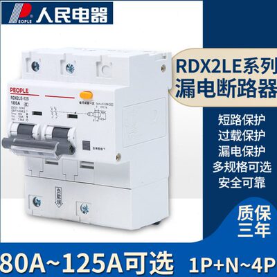 人民电器RDX2LE-125型1P2P3P+N4P80A100A125A 漏电断路器漏保空开