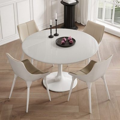 法式奶油风大理石岩板圆餐桌椅高端白色小圆1米省空间小户型组合